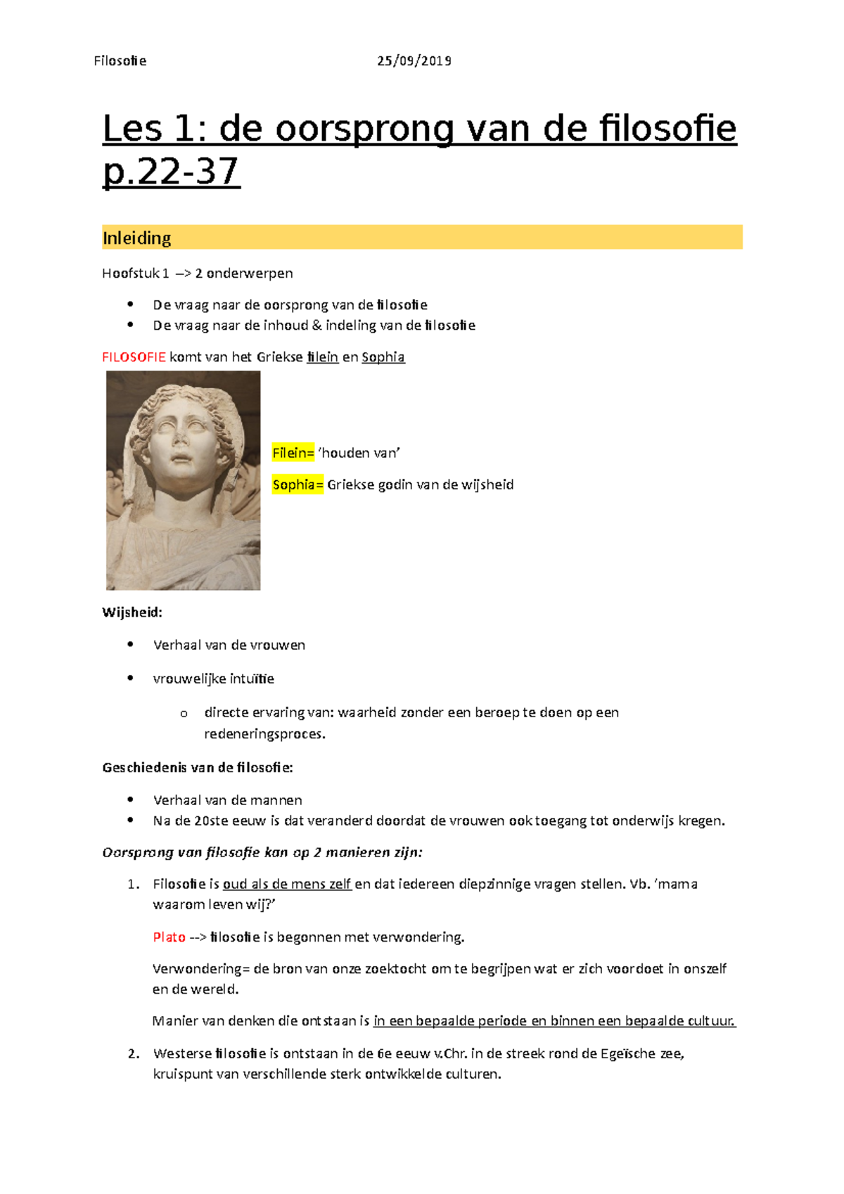 Les 1 - oorsprong van de filosofie - Les 1: de oorsprong van de filosofie p- Inleiding Hoofstuk ...