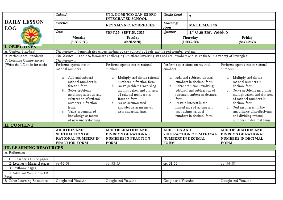 MATH DLL Grade 7 Q1 WEEK 5 - DAILY LESSON LOG ####### School STO ...