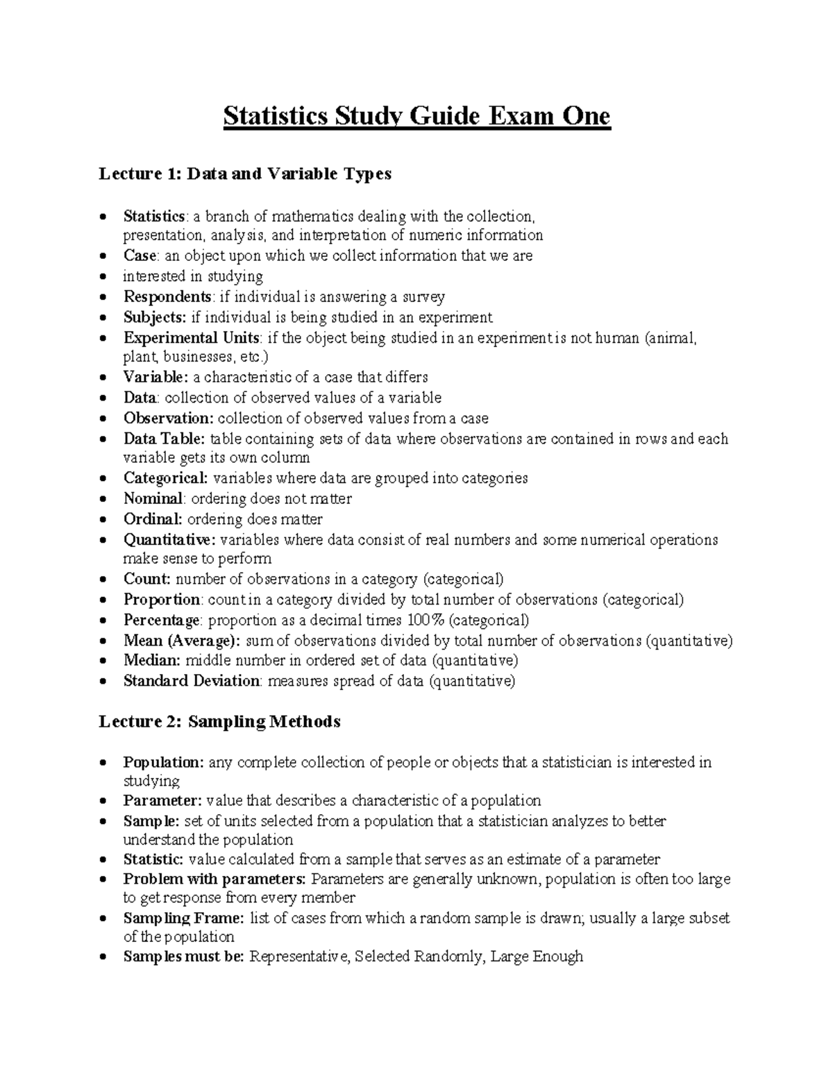 Statistics Study Guide Exam One - Statistics Study Guide Exam One ...