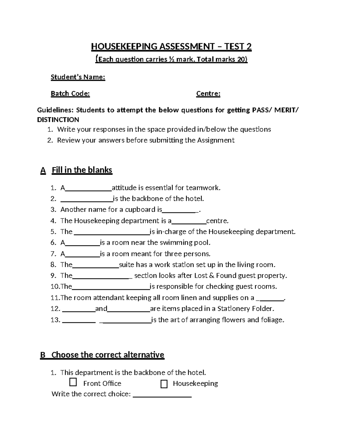 Housekeeping Assessment TEST - HOUSEKEEPING ASSESSMENT – TEST 2 (Each ...