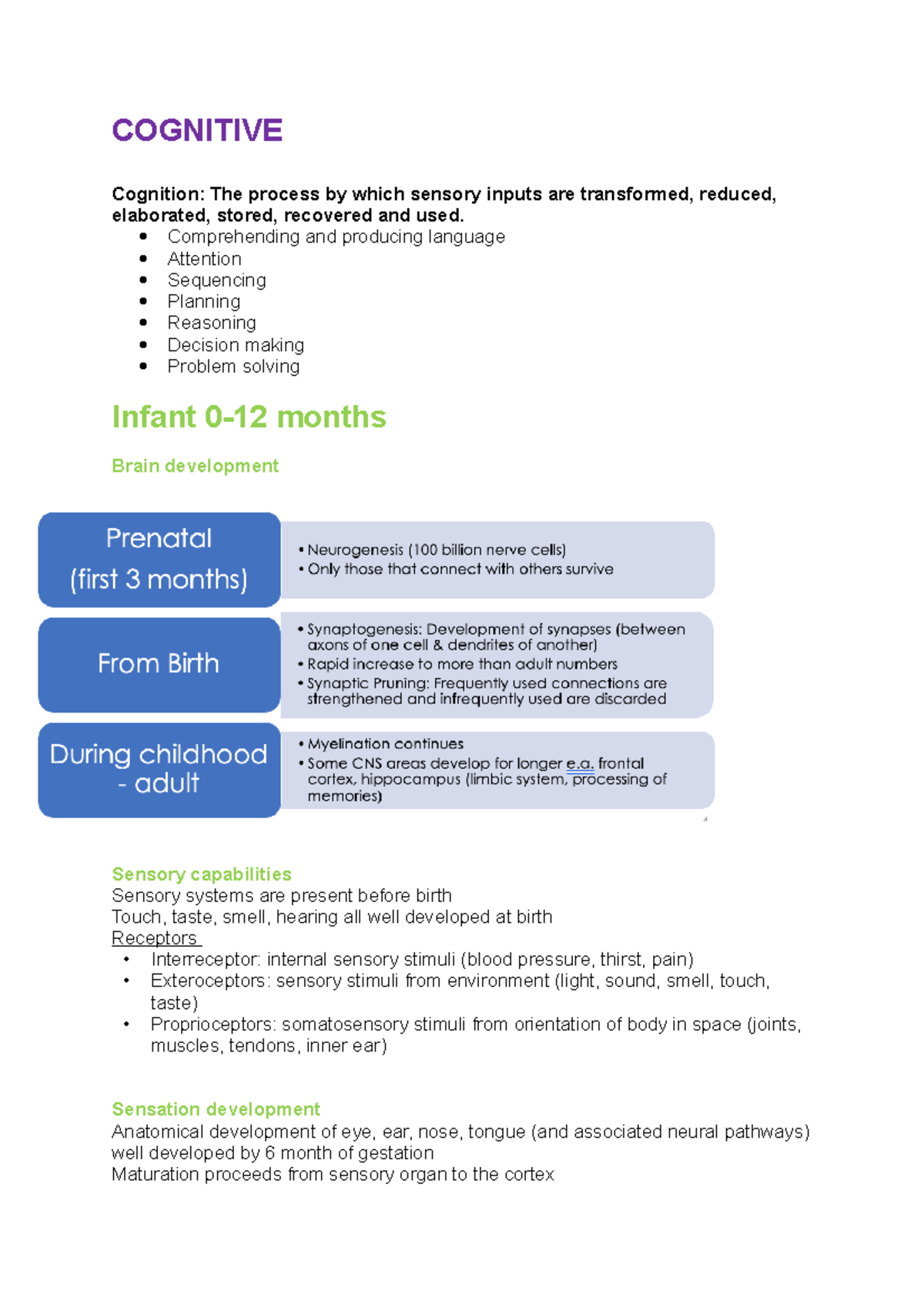 Cognitive Lecture Notes Summary Cognitive Cognition The Process By Which Sensory Inputs Are