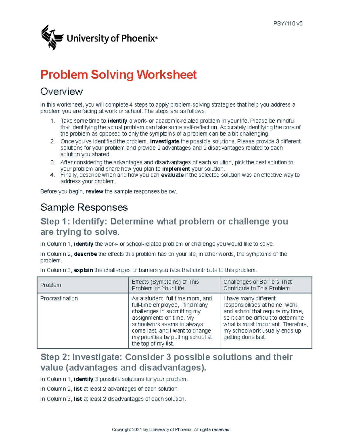 Homework week 4 - None - PSY/110 v Problem Solving Worksheet Overview ...