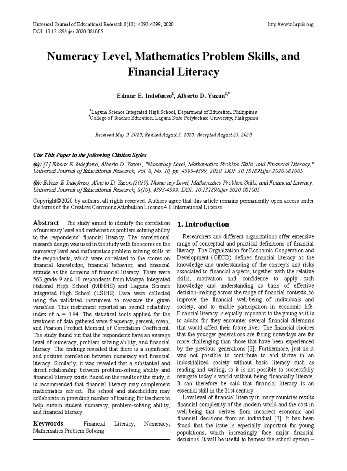 Numeracy Level, Mathematics Problem Skills, and Financial Literacy ...