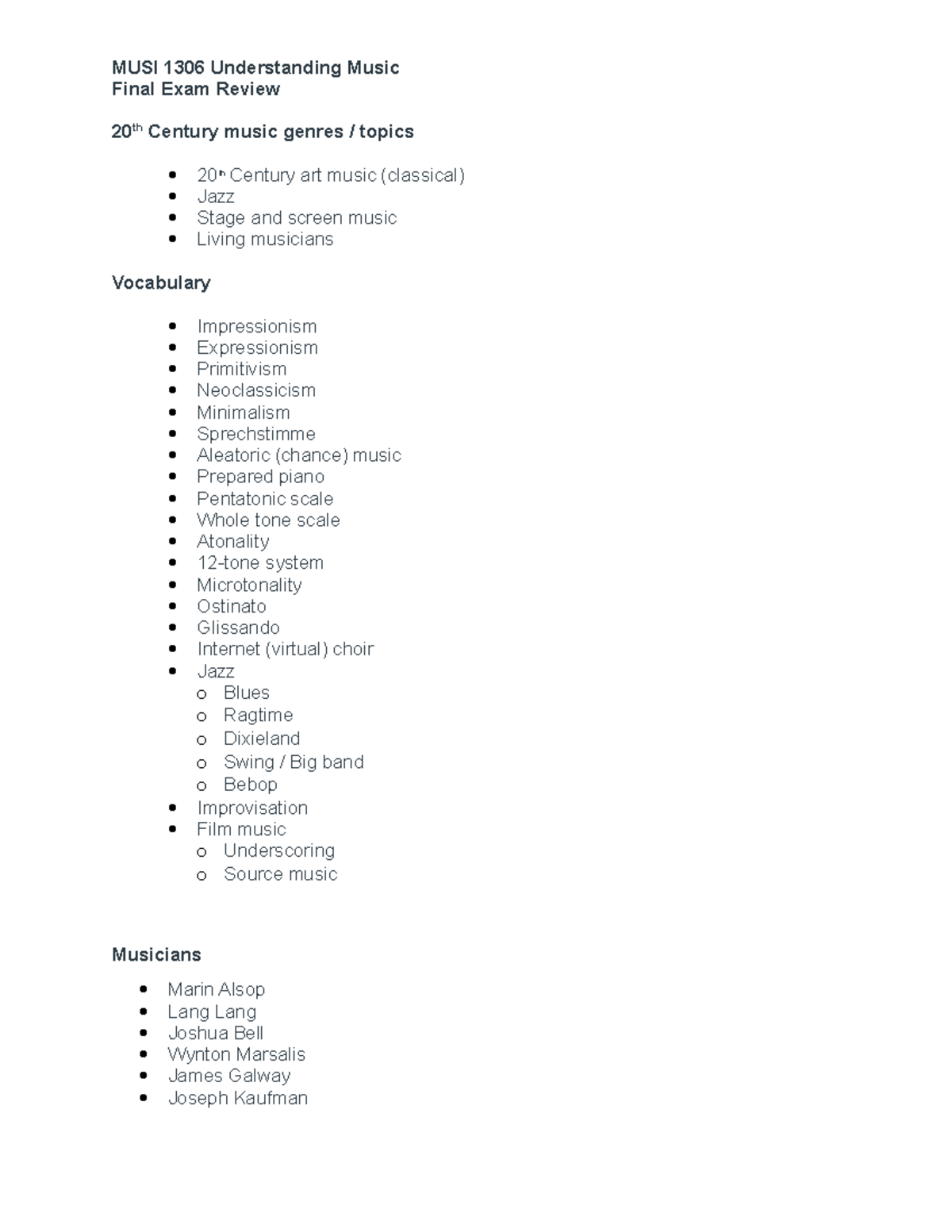 Final Exam Review - Katrina Rushing - MUSI 1306 Understanding Music ...