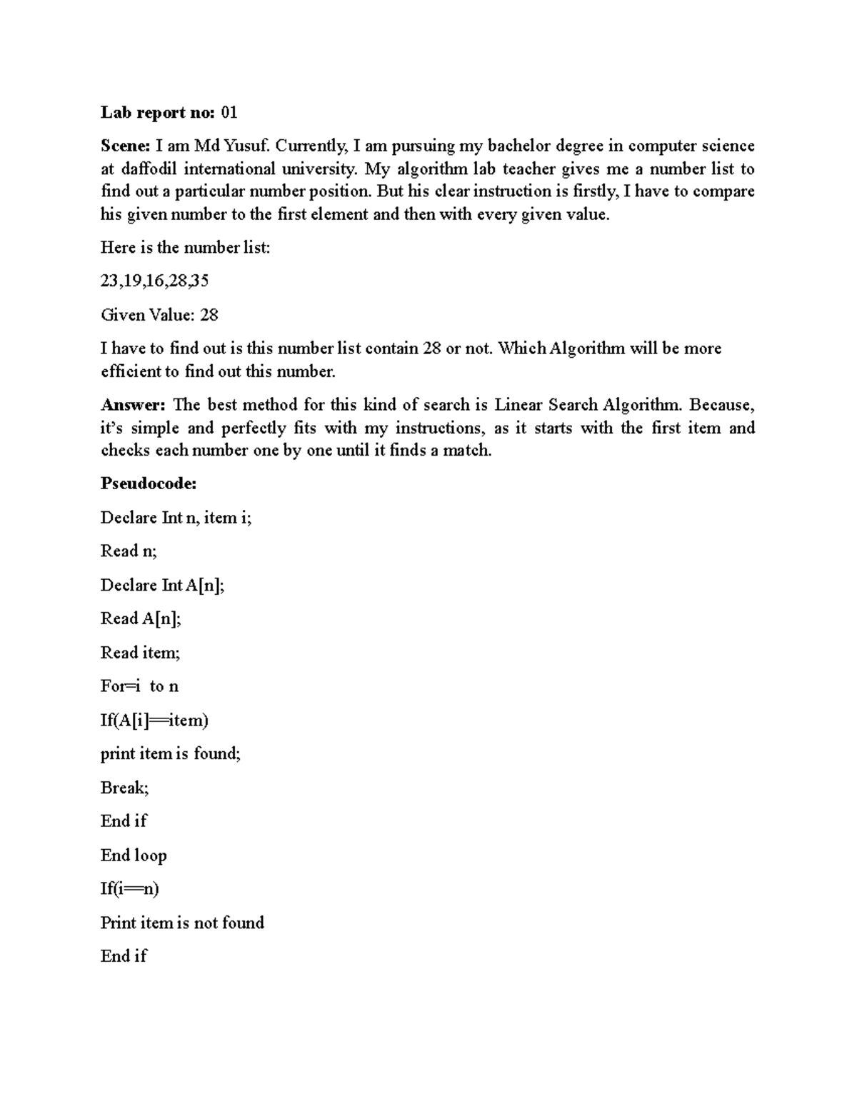 Lab Report Algorithm Lab Report No 01 Scene I Am Md Yusuf
