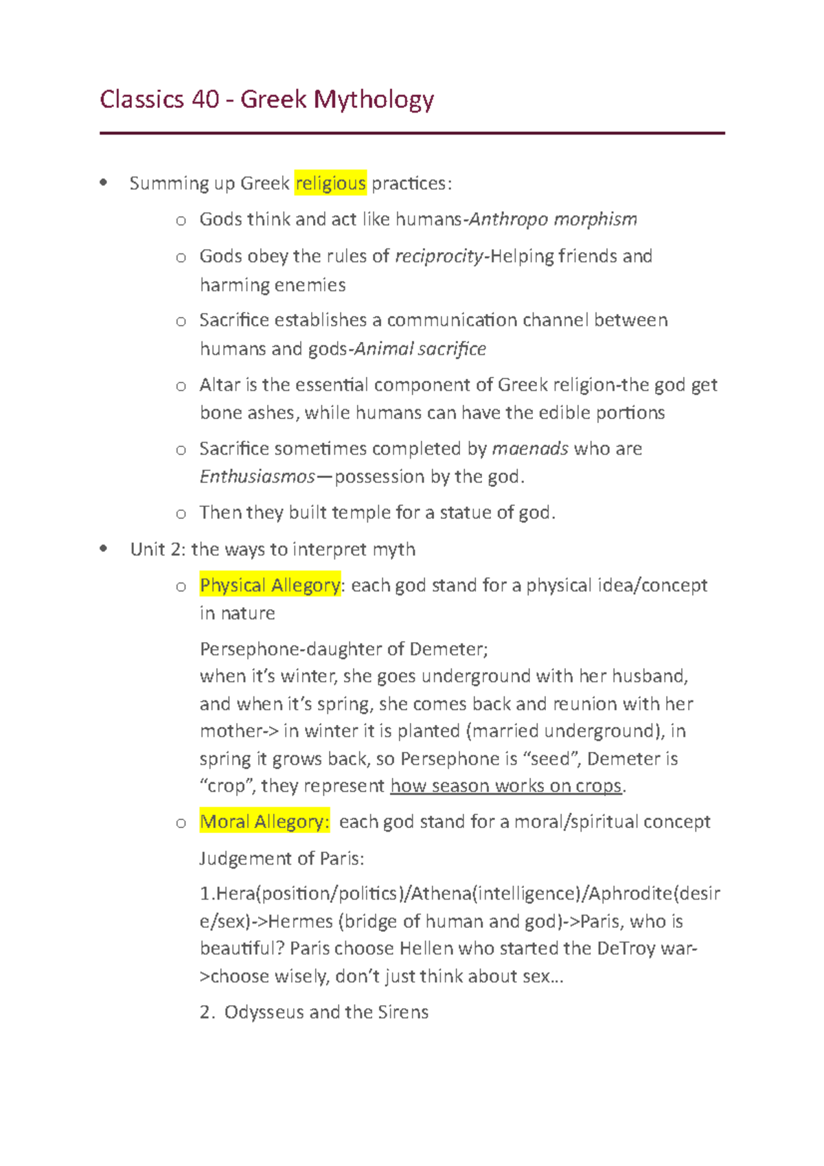Note unit1-4 - Lecture notes 1-4 - Classics 40 - Greek Mythology ...