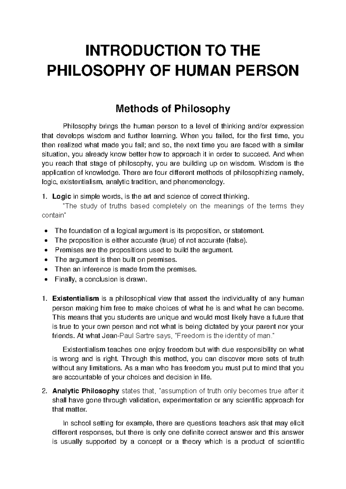 Introduction TO THE Philosophy OF Human Person - INTRODUCTION TO THE ...
