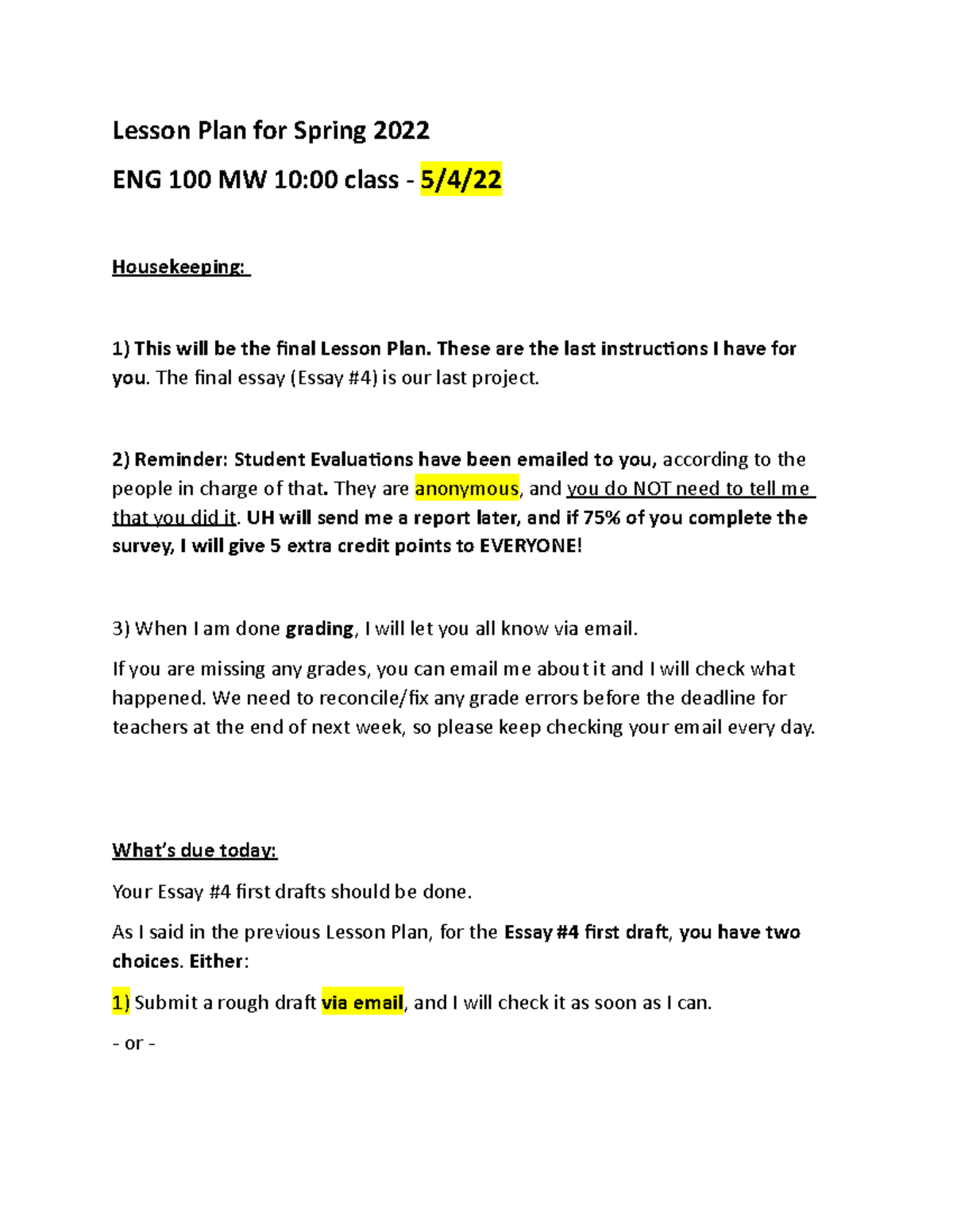 Spring 2022 Lesson Plan for ENG 100 MW 10 - 5-4-22 - Lesson Plan for Spring 2022 ENG 100 MW 10: ...