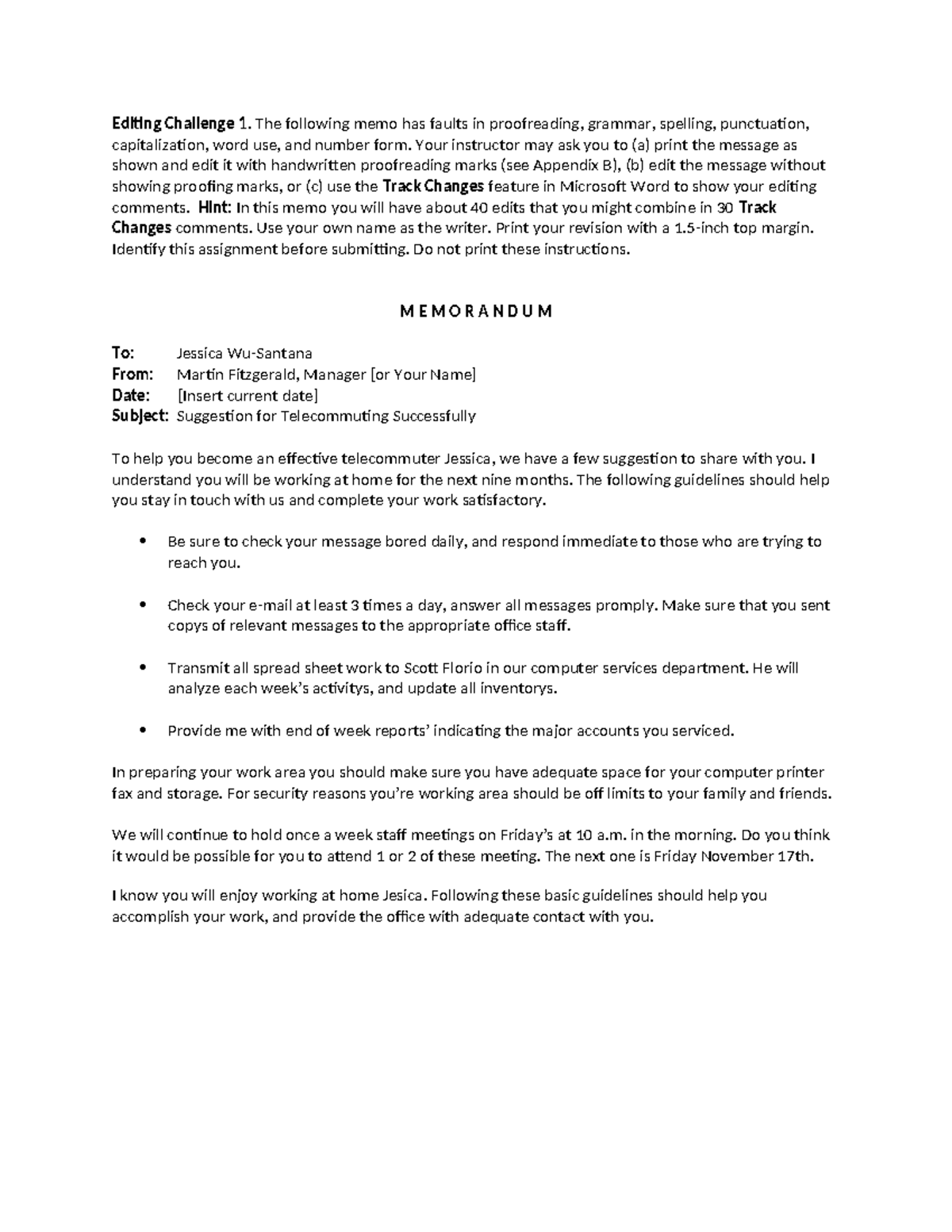 Ch01 editing challenge - Editing Challenge 1. The following memo has ...