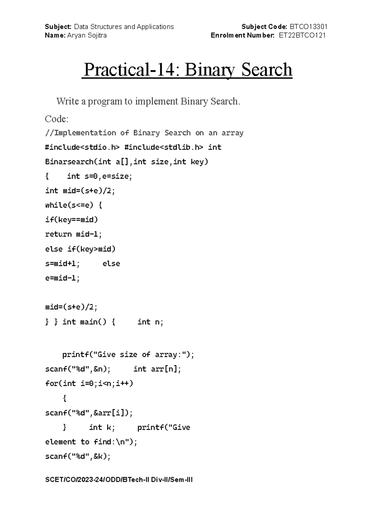 P14-final - Subject: Data Structures and Applications Subject Code: BTCO Name: Aryan Sojitra ...