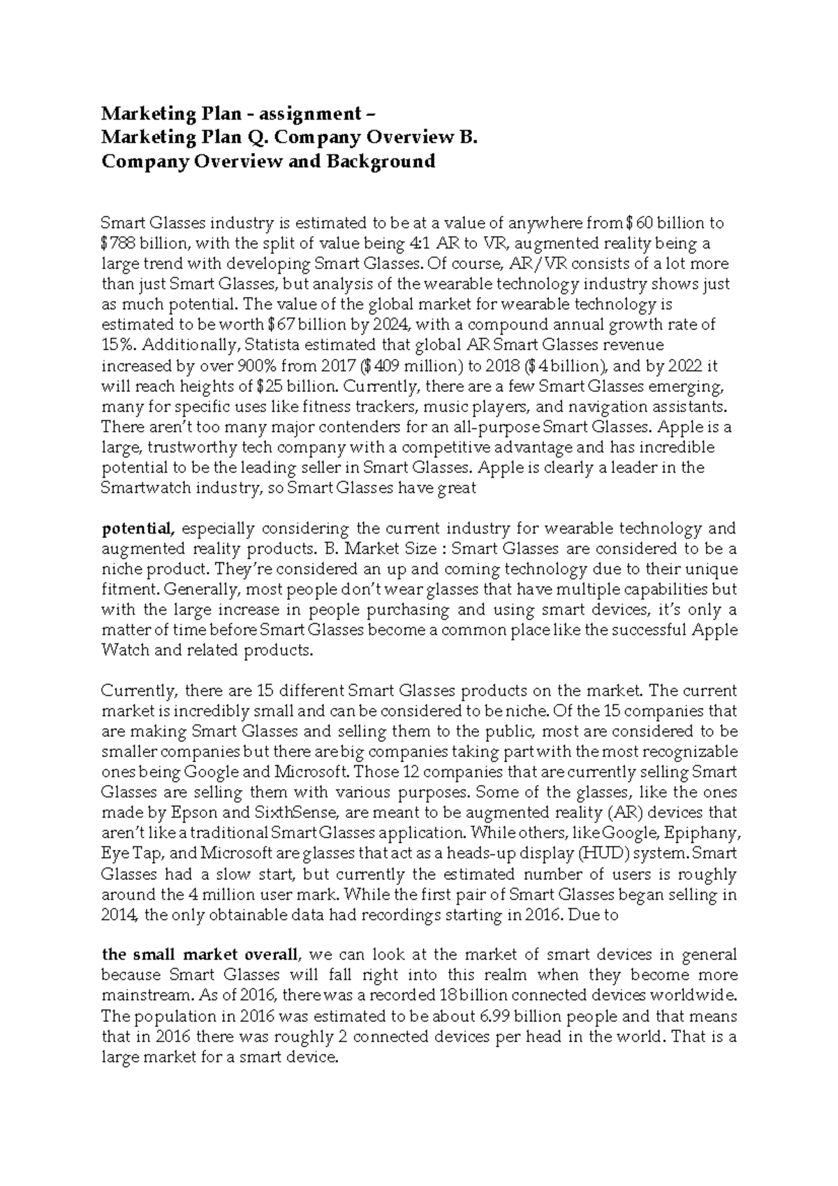 Sample of Marketing Plan Smart Glass - Marketing Plan - assignment ...