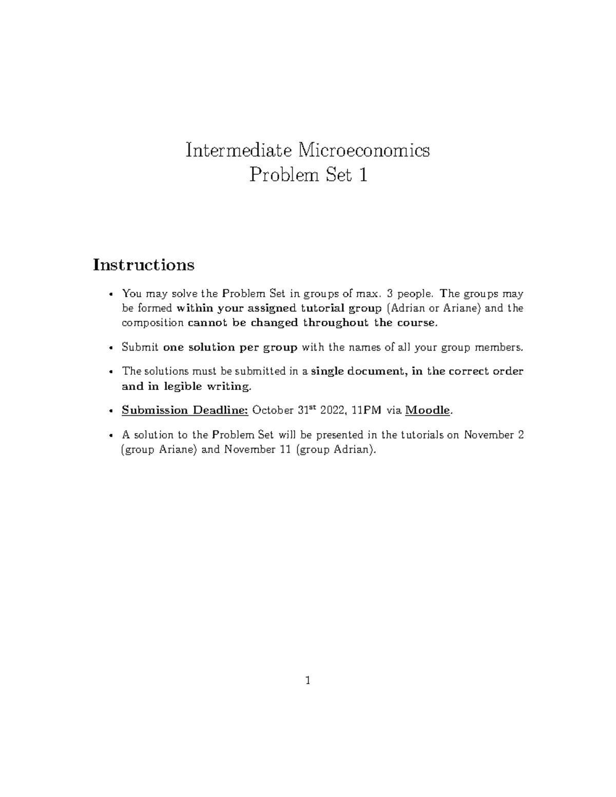 Questions TD1 2022 - micro assignment 1 - Intermediate Microeconomics Problem Set 1 Instructions ...