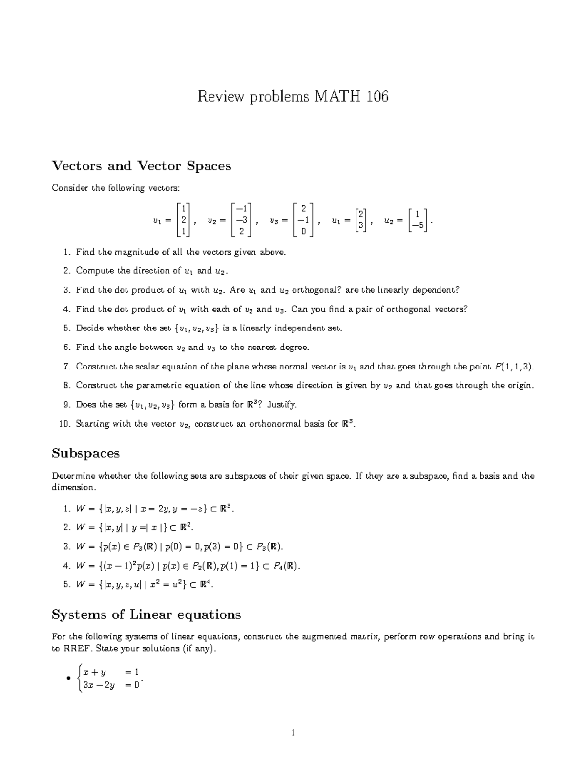 Final Review - practice - Review problems MATH 106 Vectors and Vector ...
