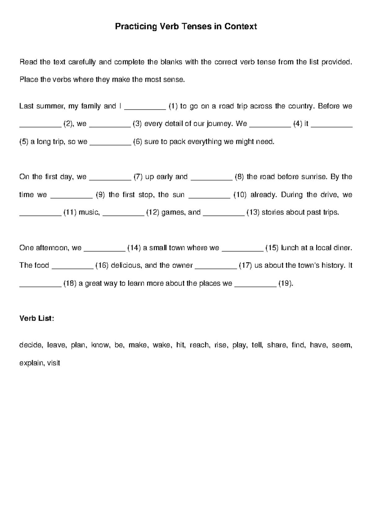 Verb Tenses Exercise Medium - Practicing Verb Tenses in Context Read ...