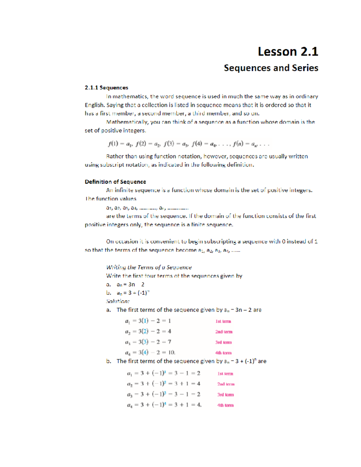 Pre-Cal Week 7 - pre calculus mods - Lesson 2 Sequences and Series 2.1 Sequences In mathematics ...