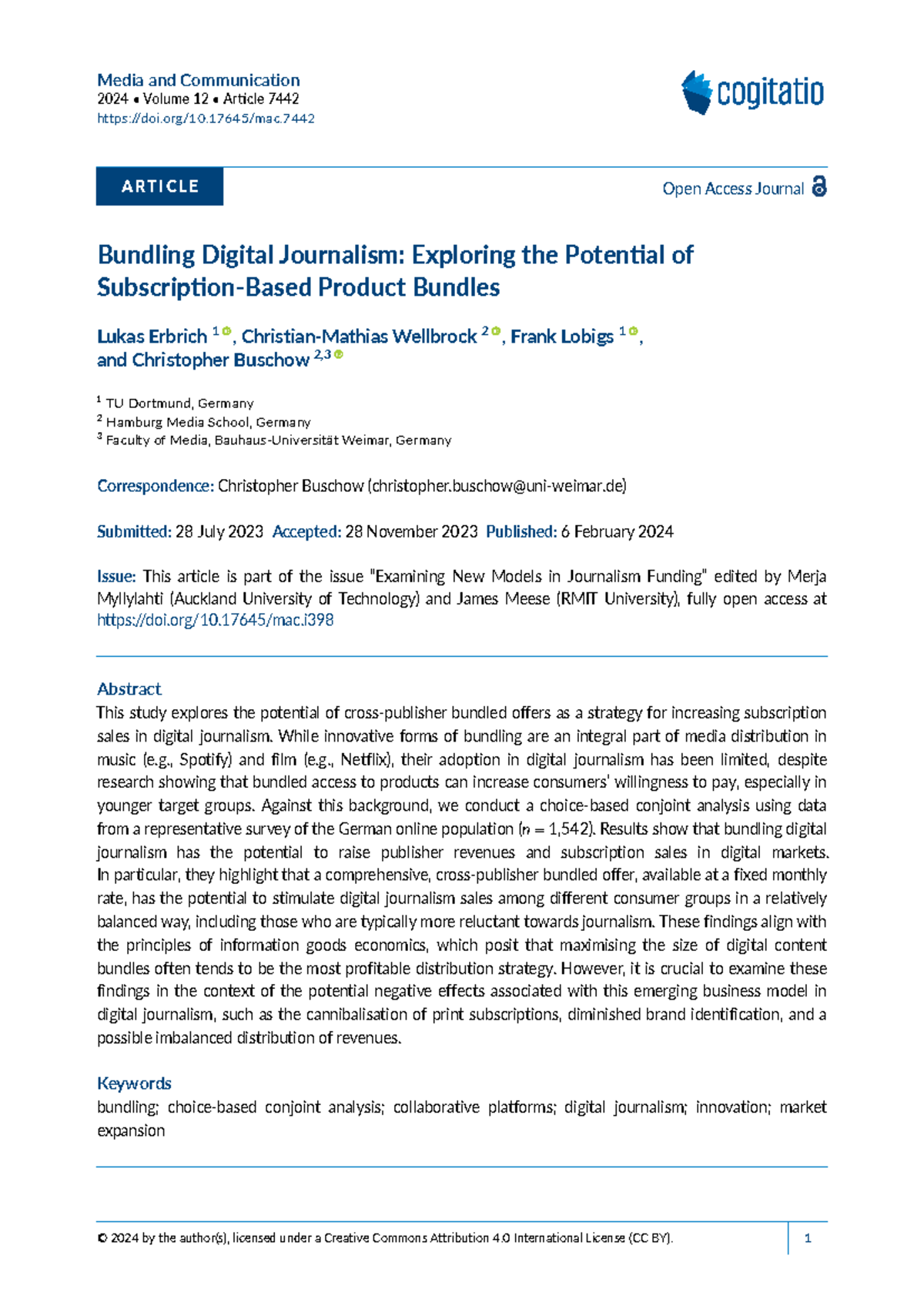 Bundling Digital Journalism Ex - Media and Communication 2024 • Volume ...