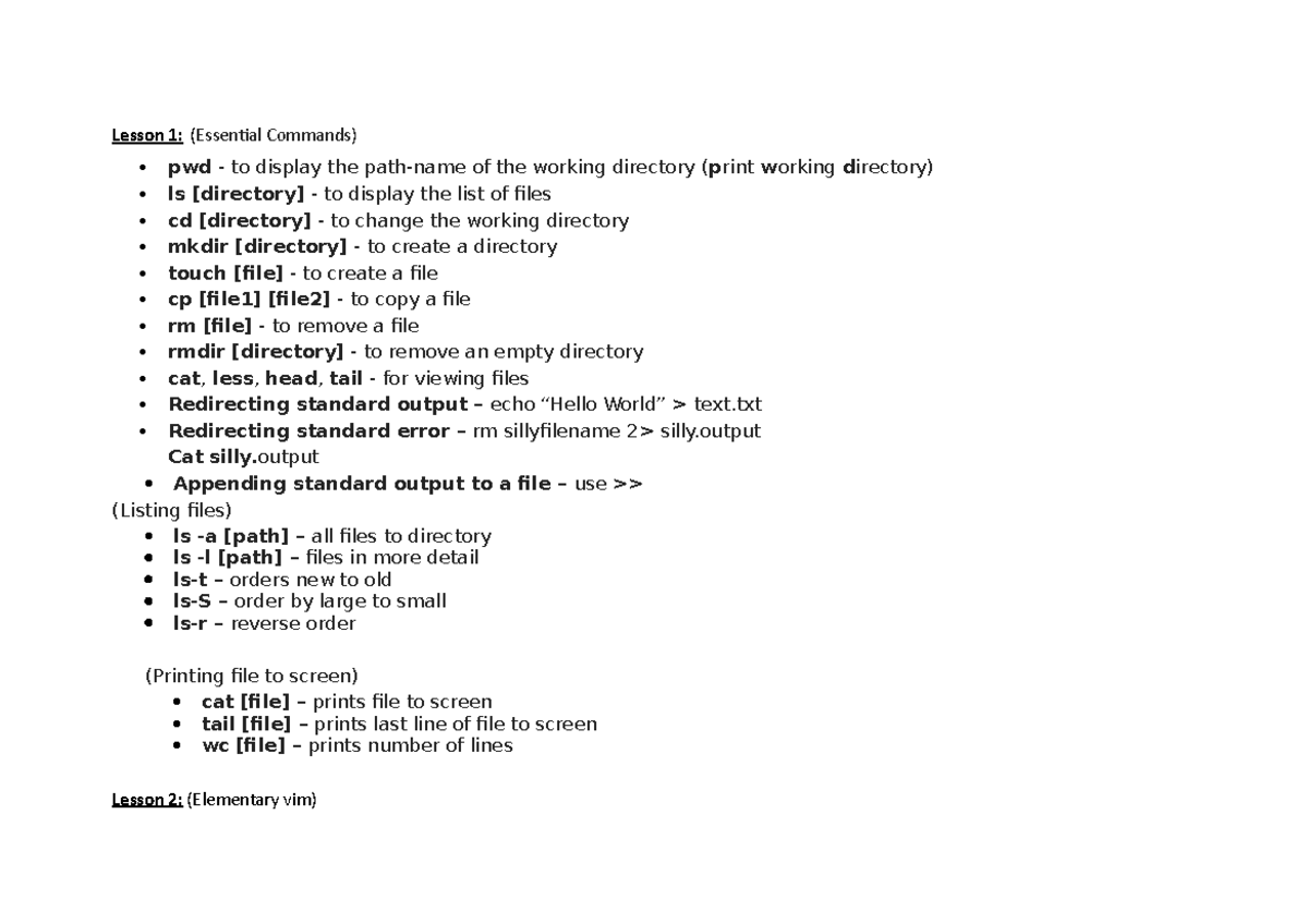 Notes for skills test - Lesson 1: (Essential Commands) pwd - to display ...