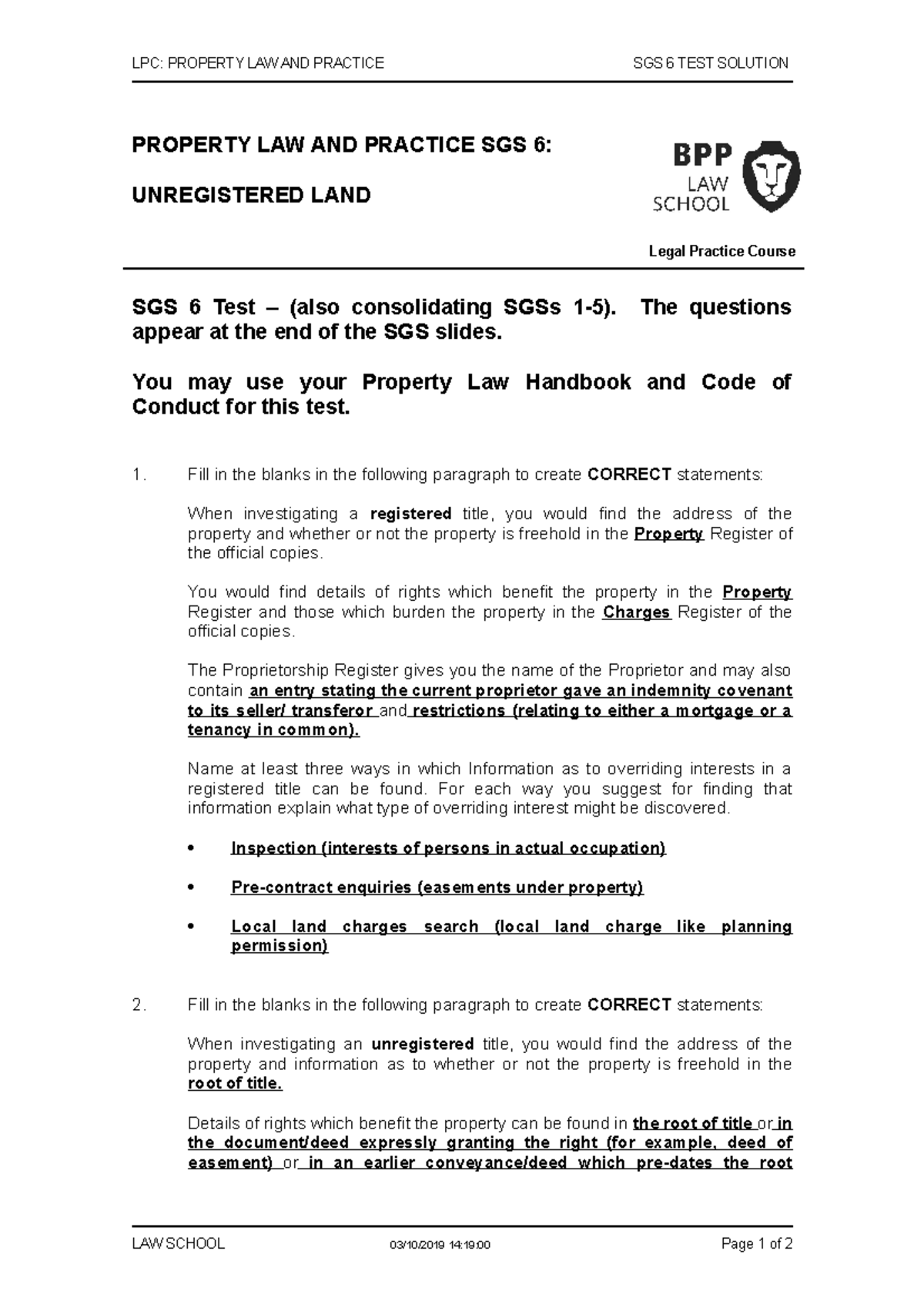 PLP SGS 6 Test solution - LPC: PROPERTY LAW AND PRACTICE SGS 6 TEST ...