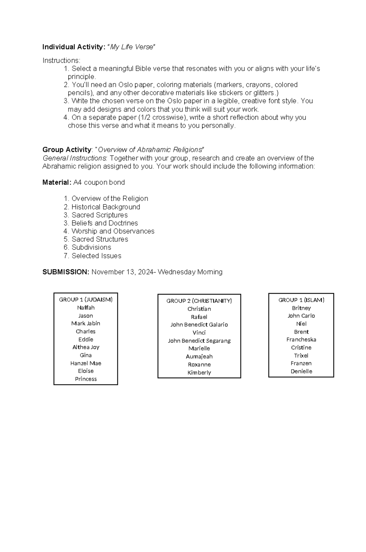 Output. Religions - Activities - Individual Activity: “My Life Verse ...