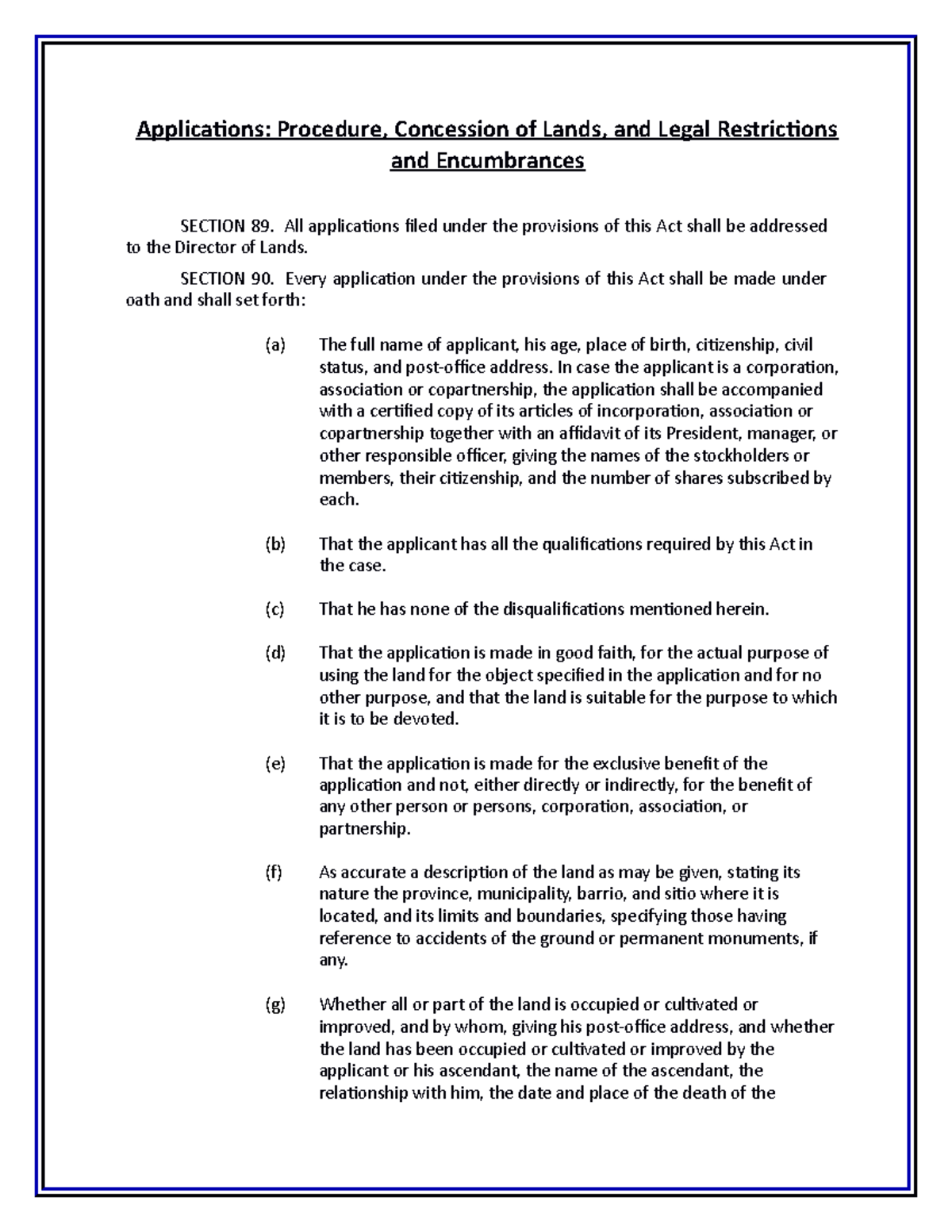 Applications, Procedure, Concession of Lands, and Legal Restrictions ...