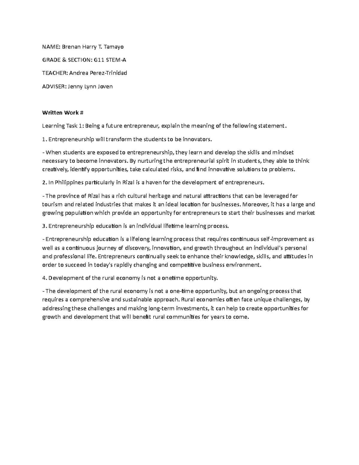 Entrep - NAME: Brenan Harry T. Tamayo GRADE & SECTION: G11 STEM-A ...