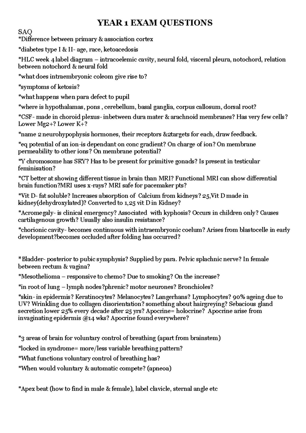 YEAR 1 EXAM Questions - Notes from Year 1 - YEAR 1 EXAM QUESTIONS SAQ ...