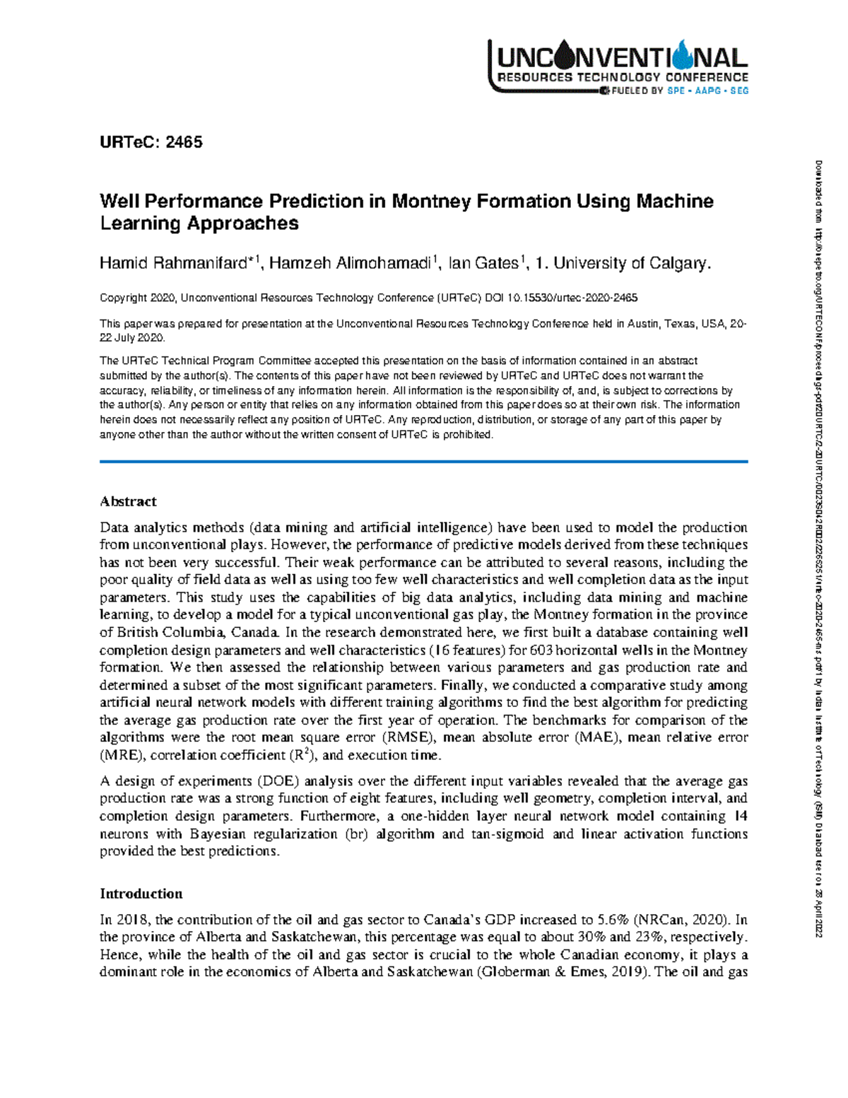 Urtec 2020 2465 ms - sdas - URTeC: 2465 Well Performance Prediction in Montney Formation Using ...