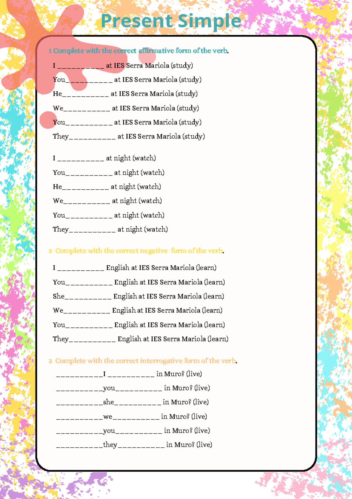 Present Simple Scaffolding 1 ESO - Present Simple 1 Complete with the ...