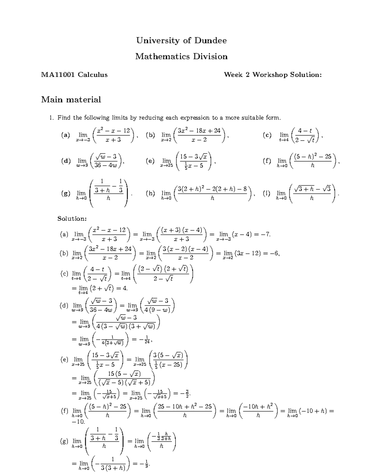MA11001 Calculus Worksheet 2 Solutions - University of Dundee ...