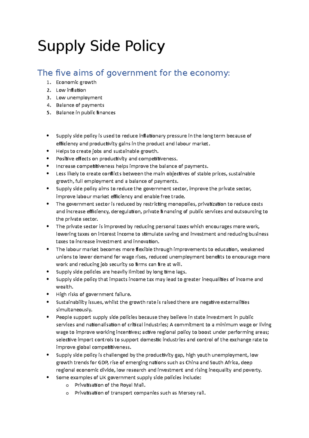 5. Supply Side Policy - Lecture notes 5 - Supply Side Policy The five ...