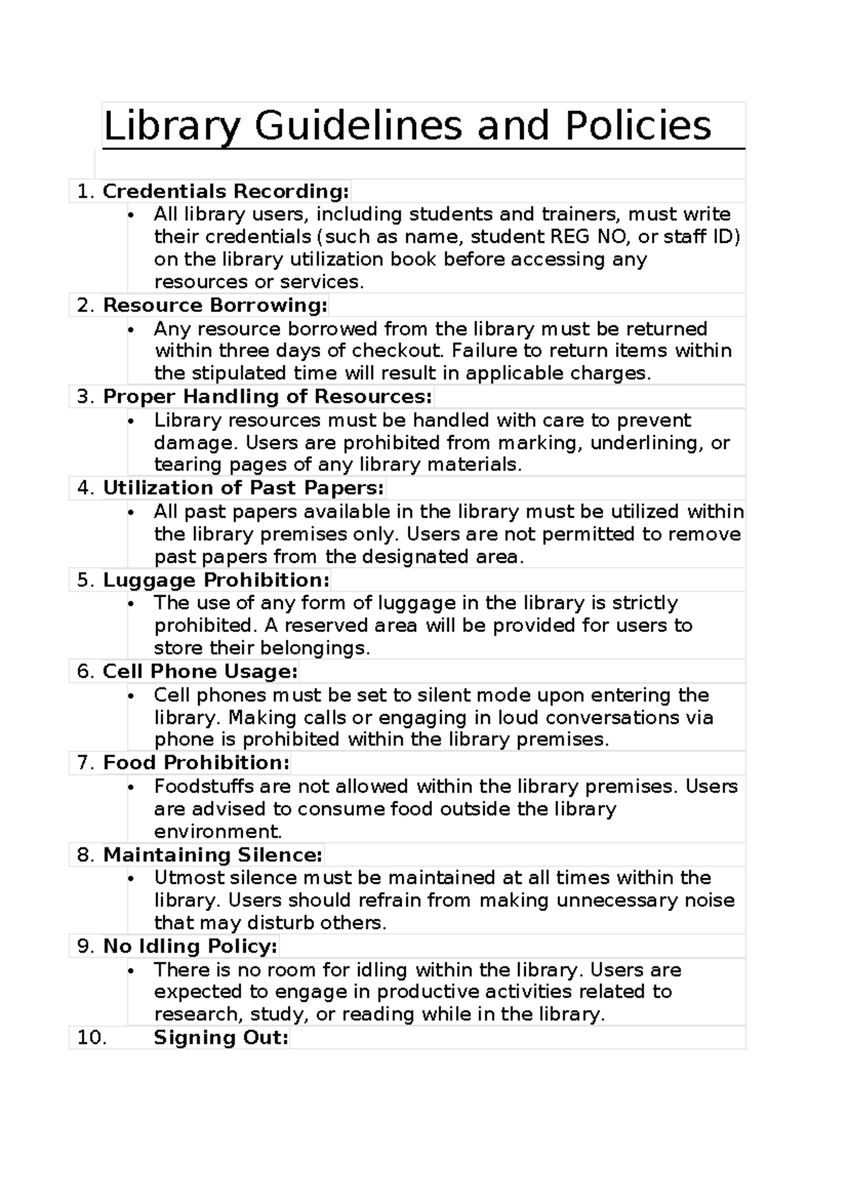 Library Rules and regulations - Library Guidelines and Policies 1 ...