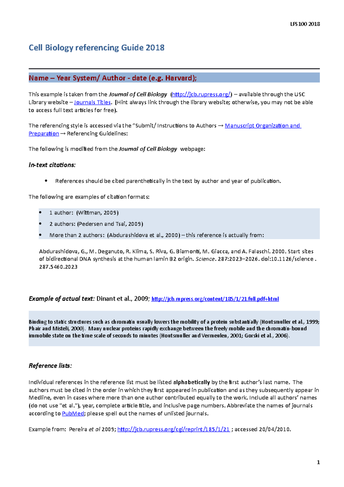 Cell Biology Referencing Guide 2018 - LFS100 2018 Cell Biology ...