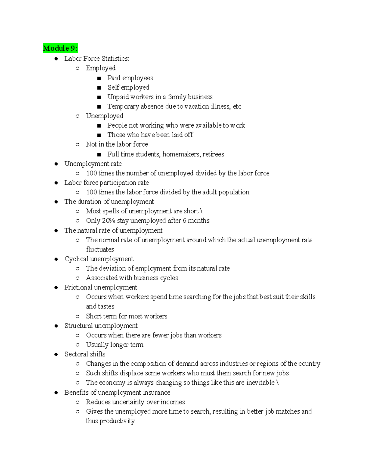 Module 9 - Notes for chapter 9 - Module 9: Labor Force Statistics ...
