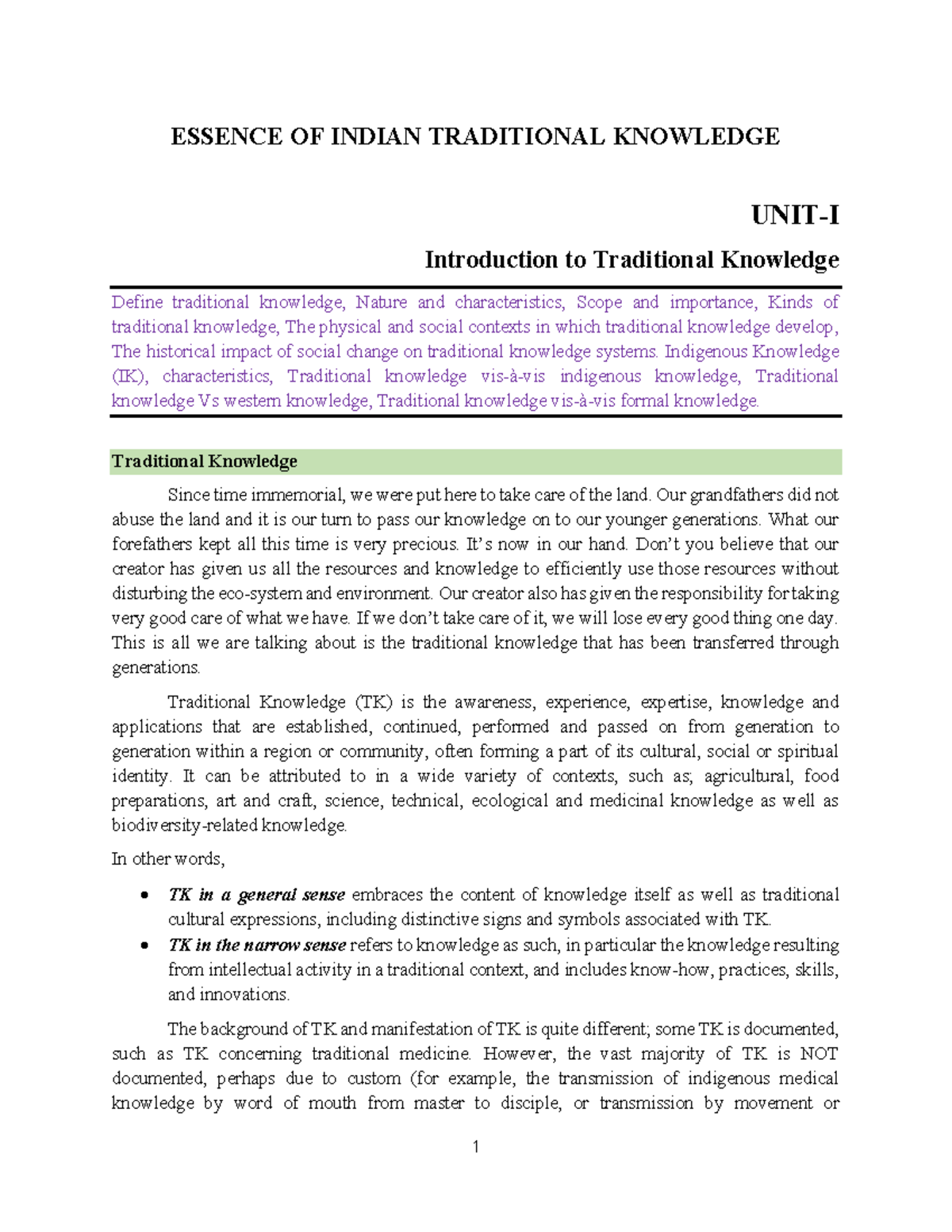 EITK UNIT-1 - Summary Traditional Knowledge - ESSENCE OF INDIAN ...