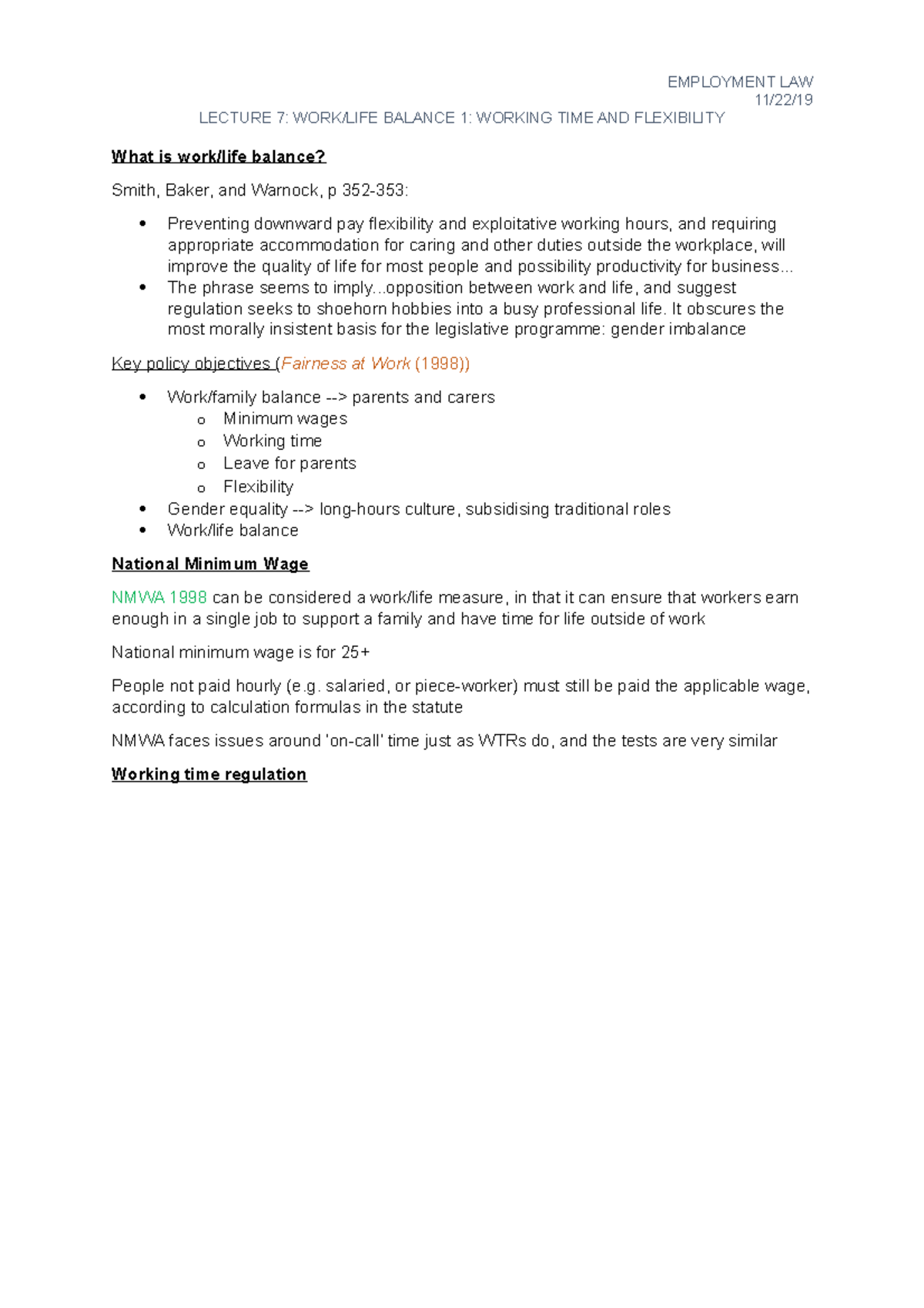 Lecture 7 - Working Time Regulations - 11/22/ LECTURE 7: WORK/LIFE ...