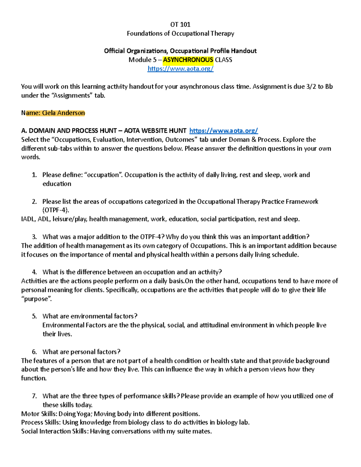 Official Organizations, Occupational Profile Handout edited - OT 101 ...