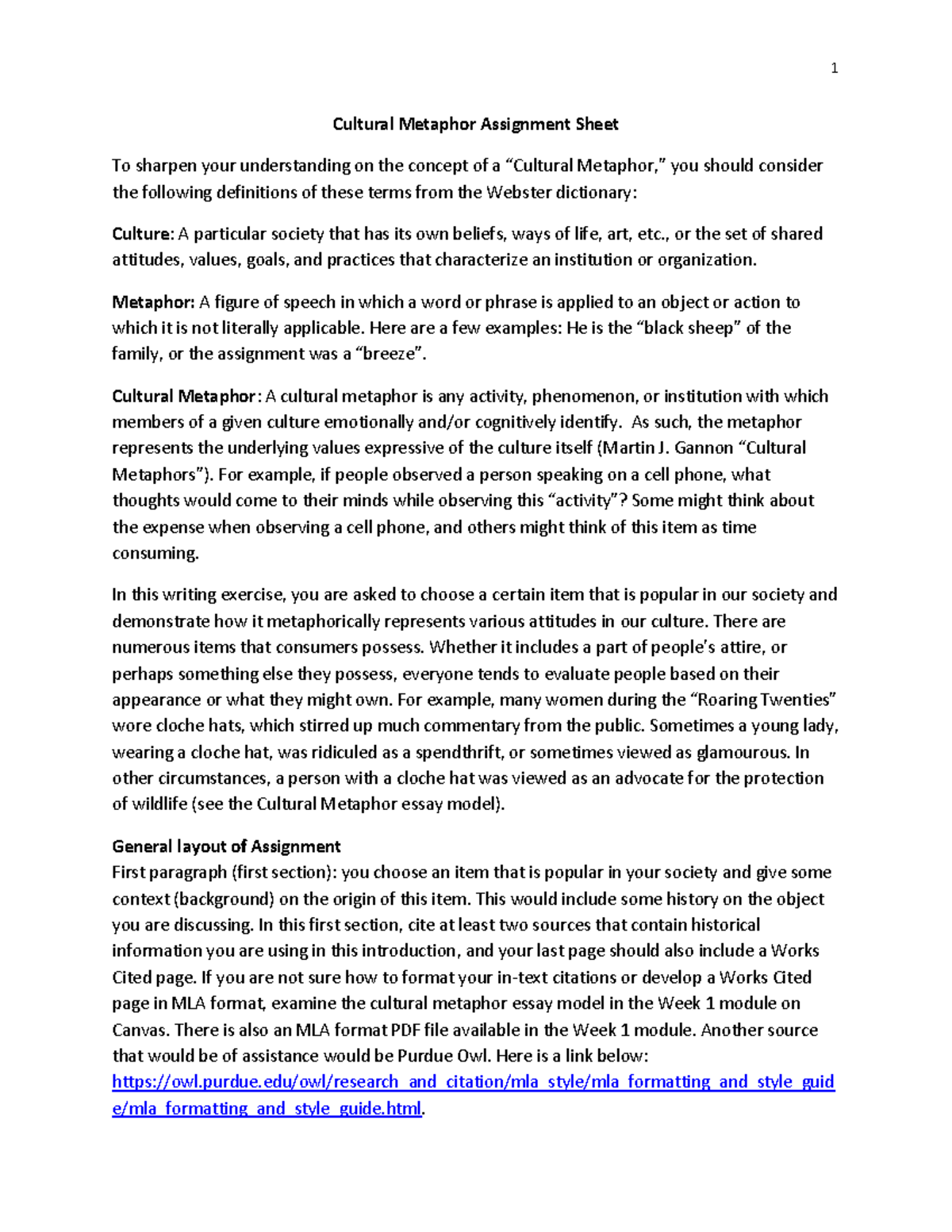 CME Assignment Sheet - essay - 1 Cultural Metaphor Assignment Sheet To ...