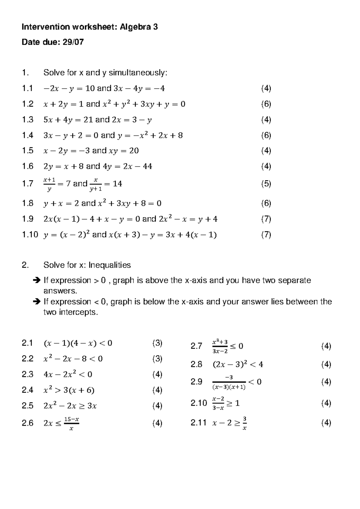 Gr. 11 Algebra 3 - Notes - Intervention worksheet: Algebra 3 Date due ...