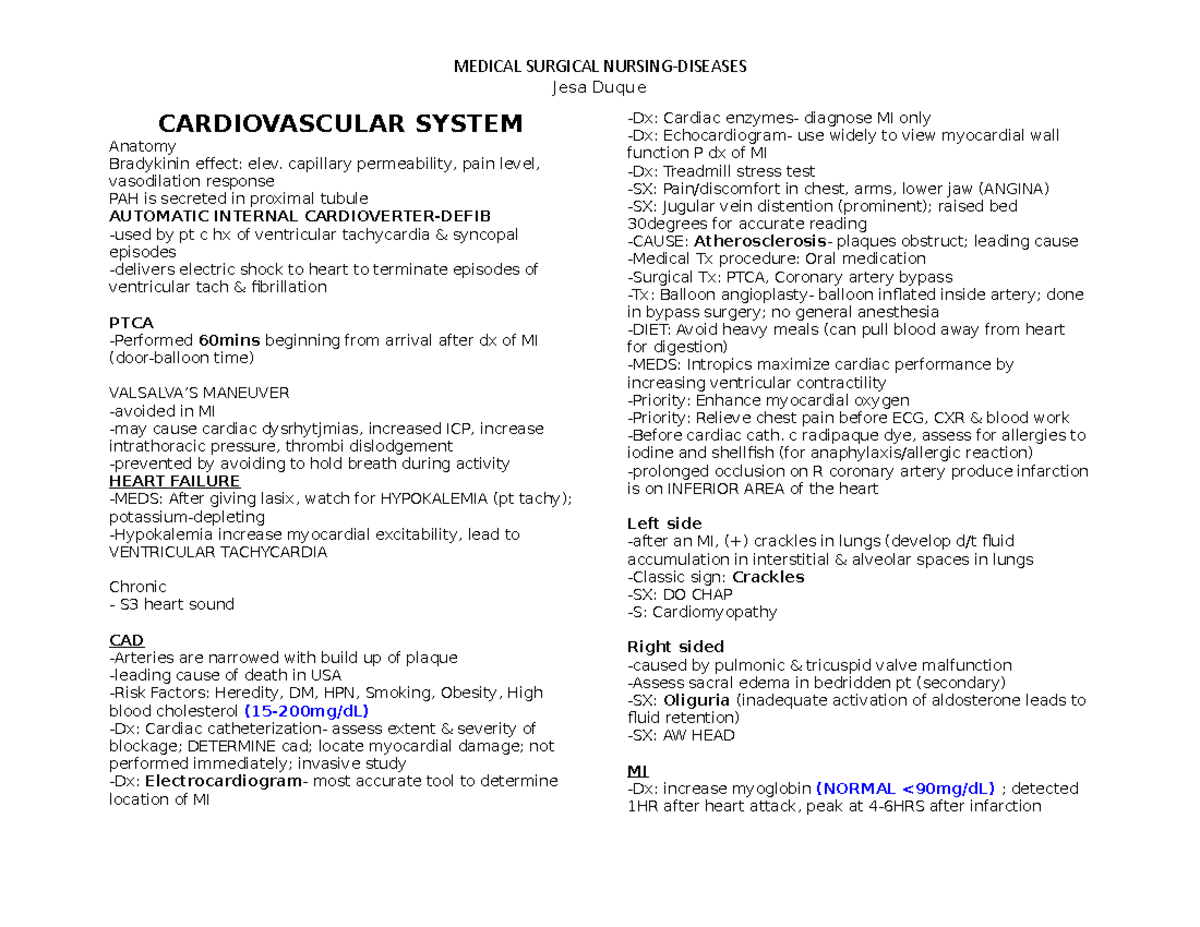 Cardiovascular System- Medical Surgical Nursing- Diseases - Jesa Duque ...