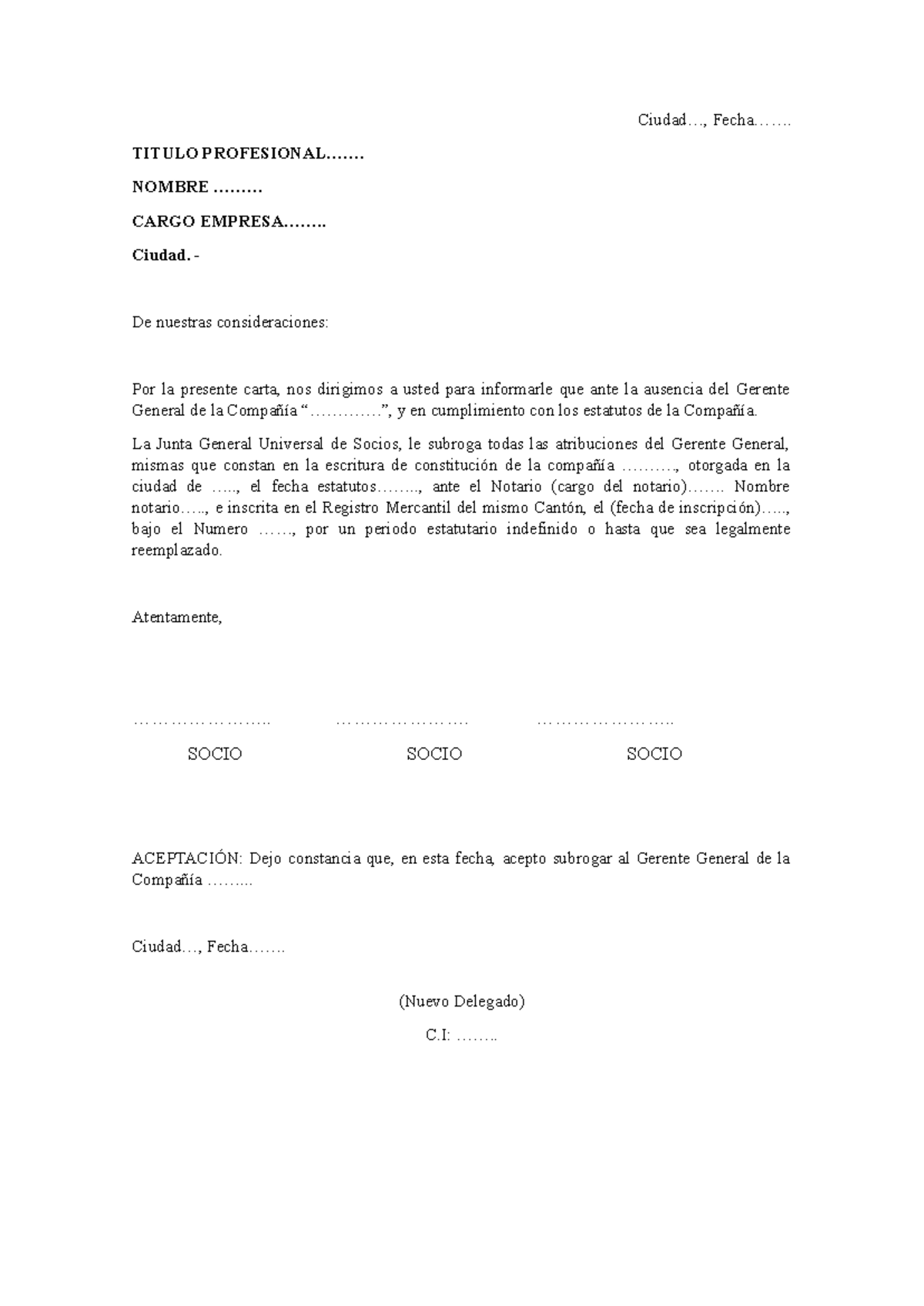 Formato Carta de Subrogación - Ciudad..., Fecha....... TITULO ...