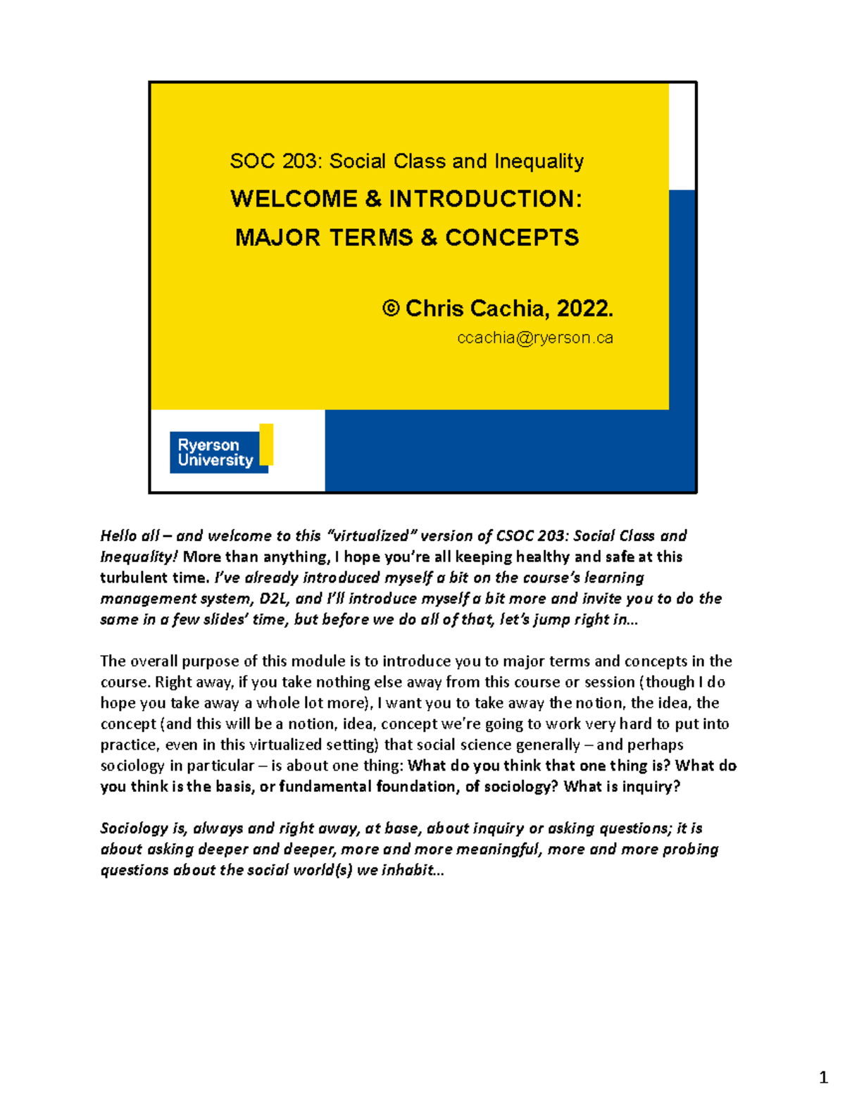 Cachia - CSOC 203 - Module 1 - SOC 203: Social Class and Inequality ...