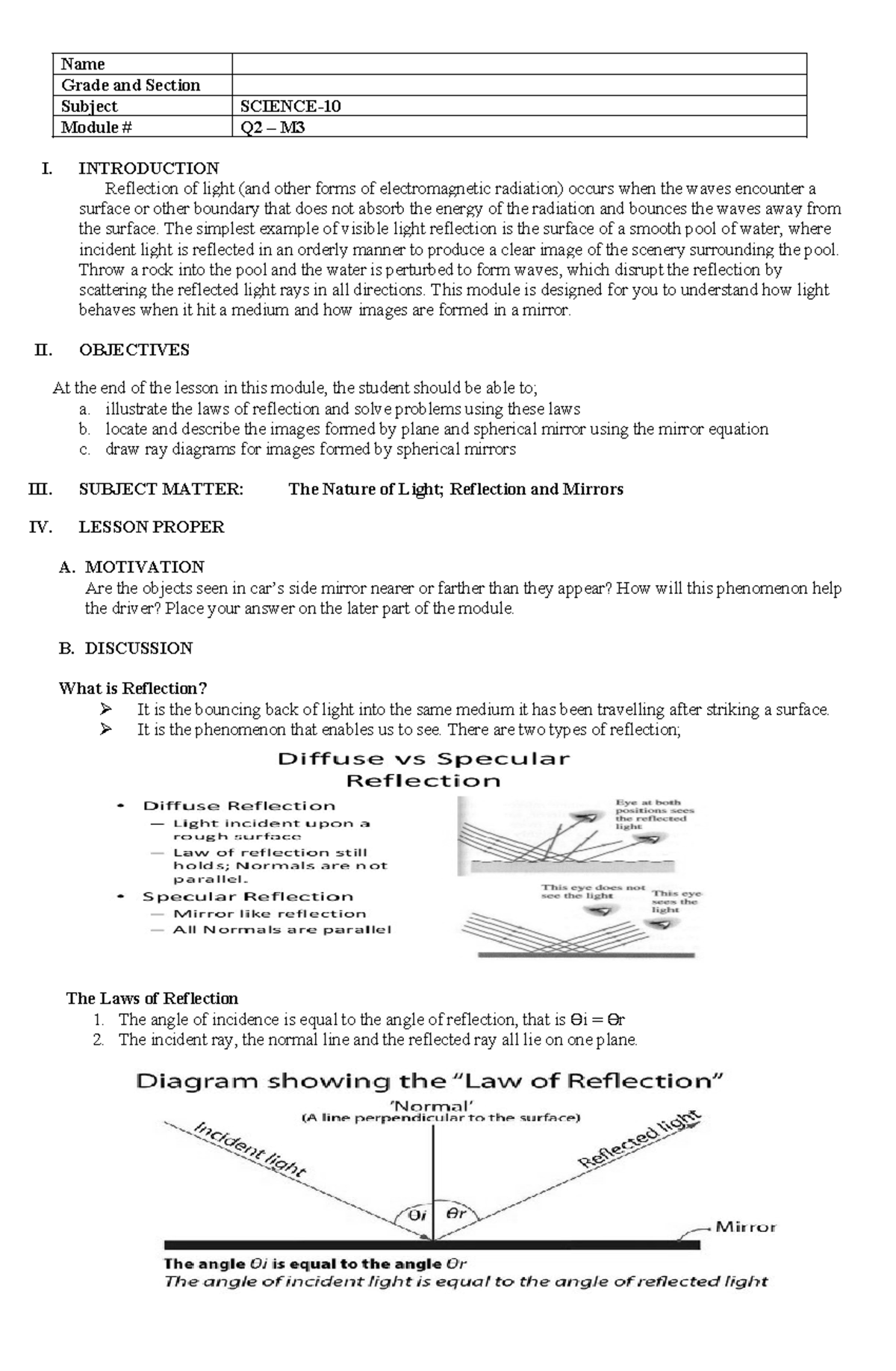 10-AMOS Module 3 - Name Grade and Section Subject SCIENCE- Module # Q2 ...