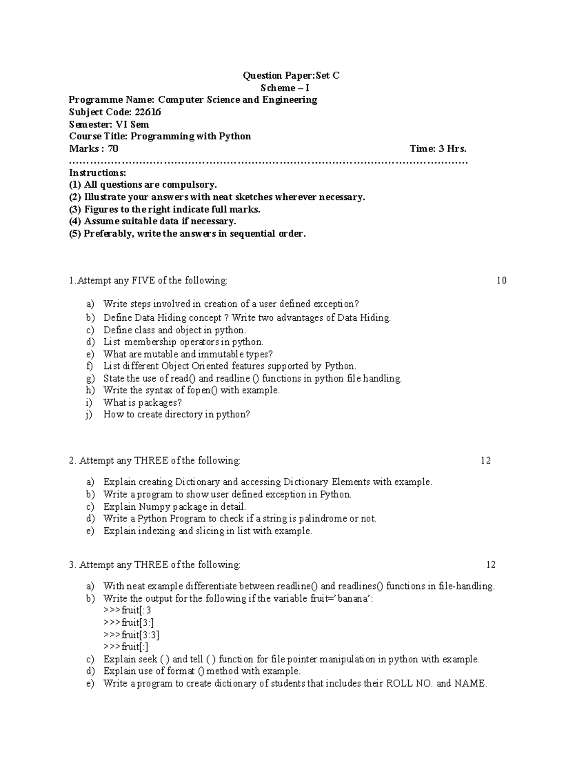 Pwp 3 Question Paperset C Scheme I Programme Name Computer Science And Engineering Subject 