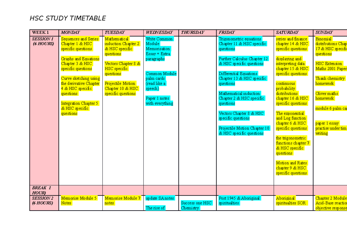 HSC Study Timetable - ddddd - WEEK 1 MONDAY TUESDAY WEDNESDAY THURSDAY ...