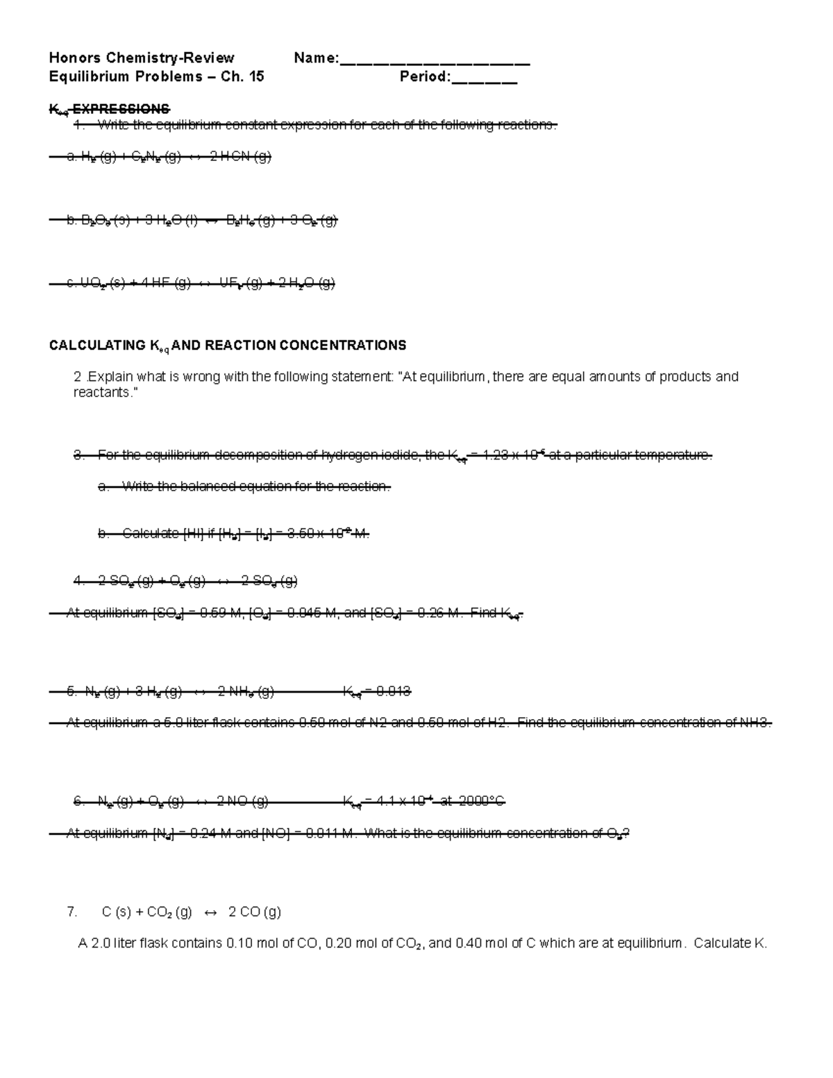 Equilibrium Keq ICE Review Packet - Honors Chemistry-Review Name ...
