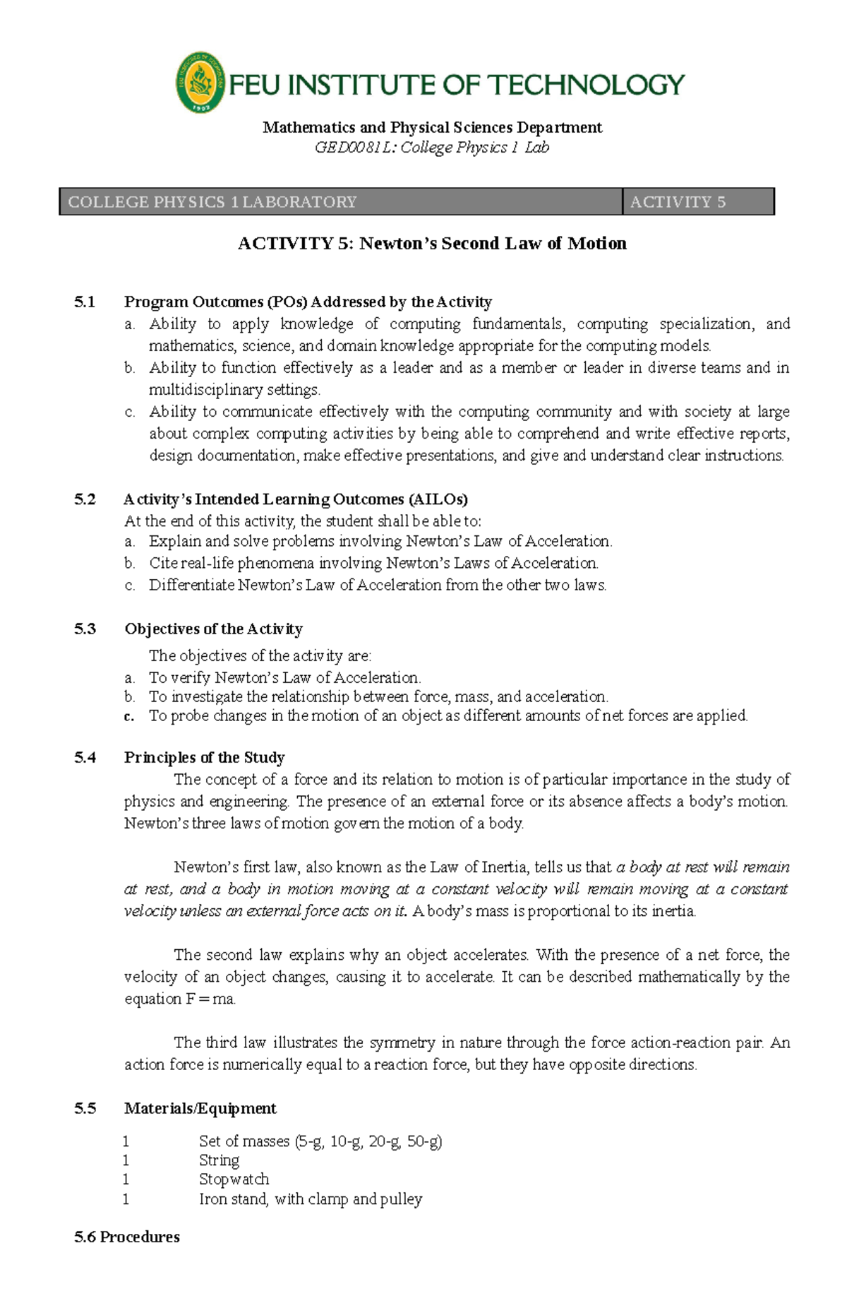 Newtons 2nd Law of Motion - GED0081L: College Physics 1 Lab COLLEGE ...