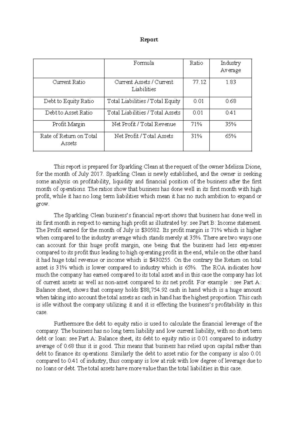 Final report file - Report Formula Ratio Industry Average Current Ratio ...
