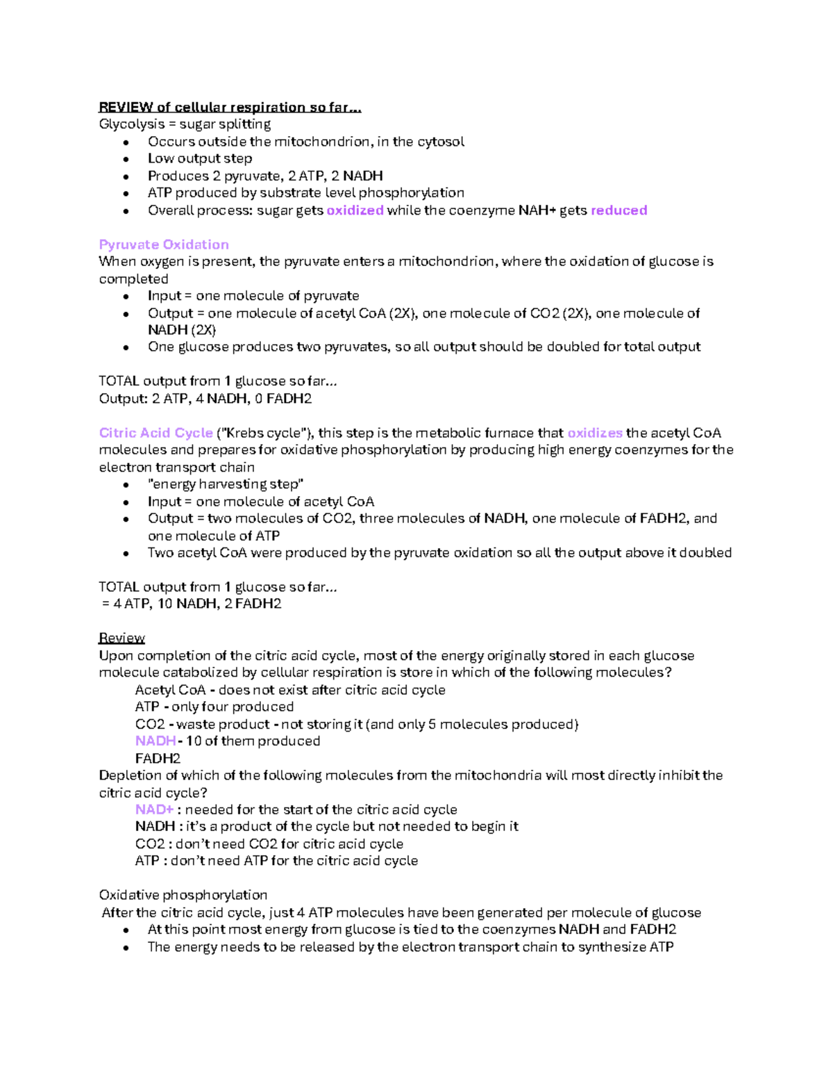 Lecture 15 notes - REVIEW of cellular respiration so far... Glycolysis ...