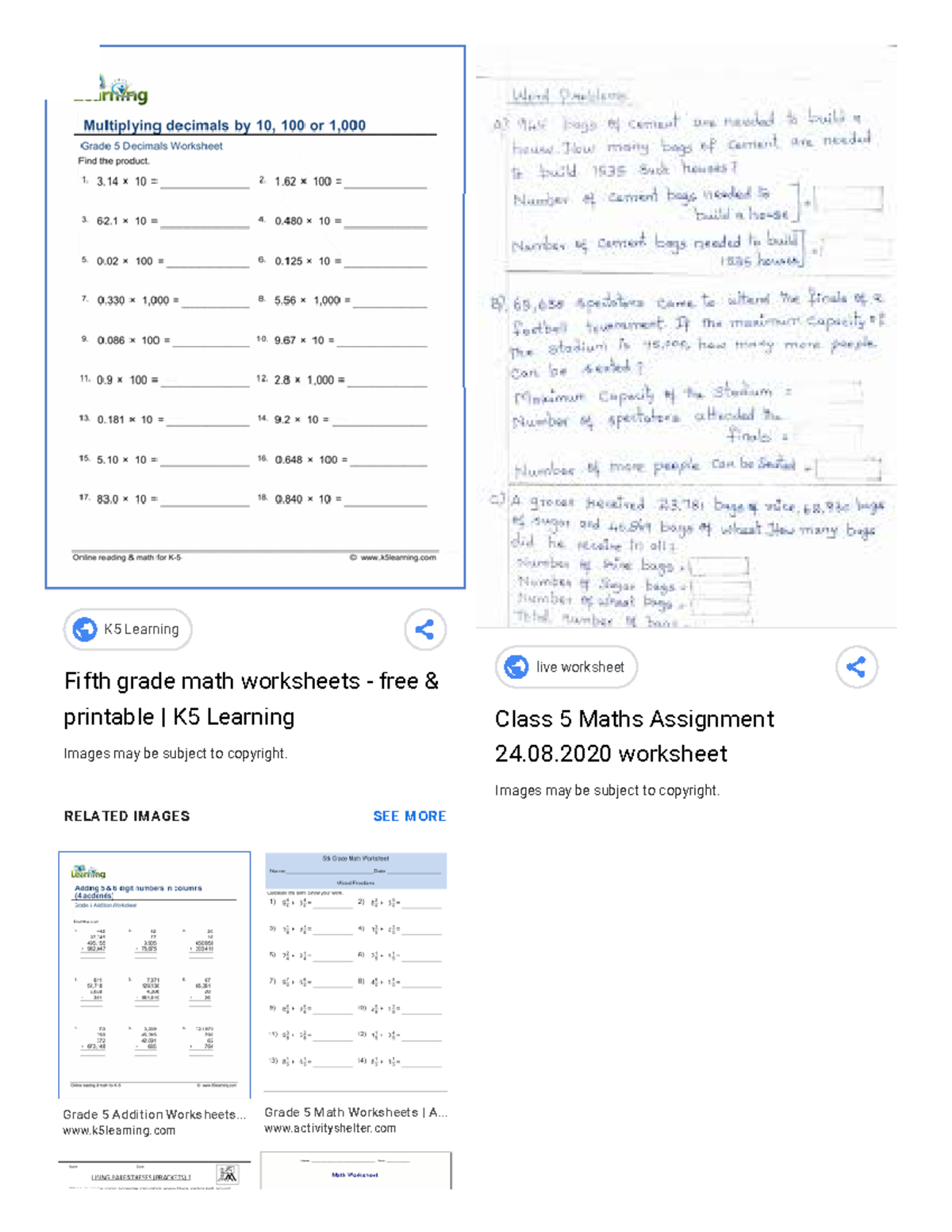 Simple 5th class maths assignment questions - Google Search - ALL ...