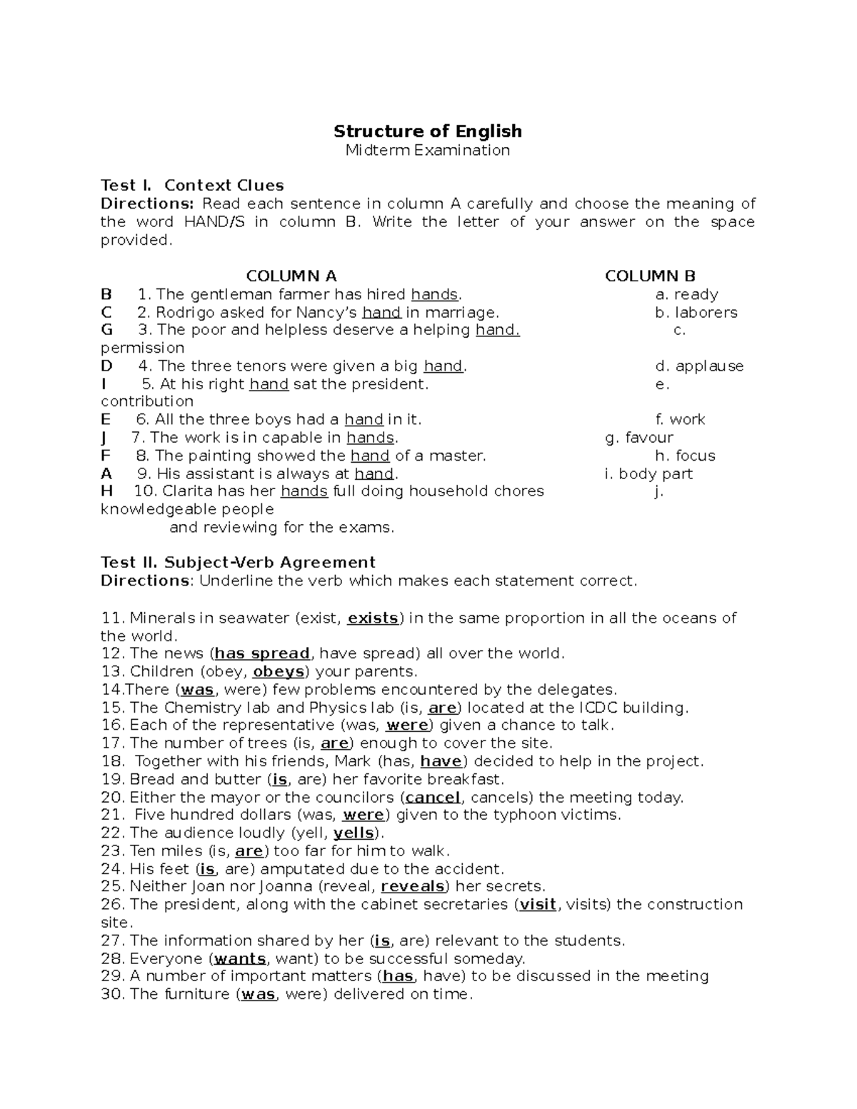 SE- Midterm Examination - Structure of English Midterm Examination Test ...